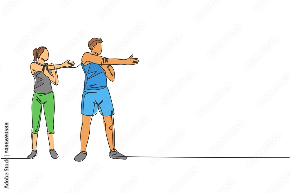 Single continuous line drawing of young sportive man and woman training ...