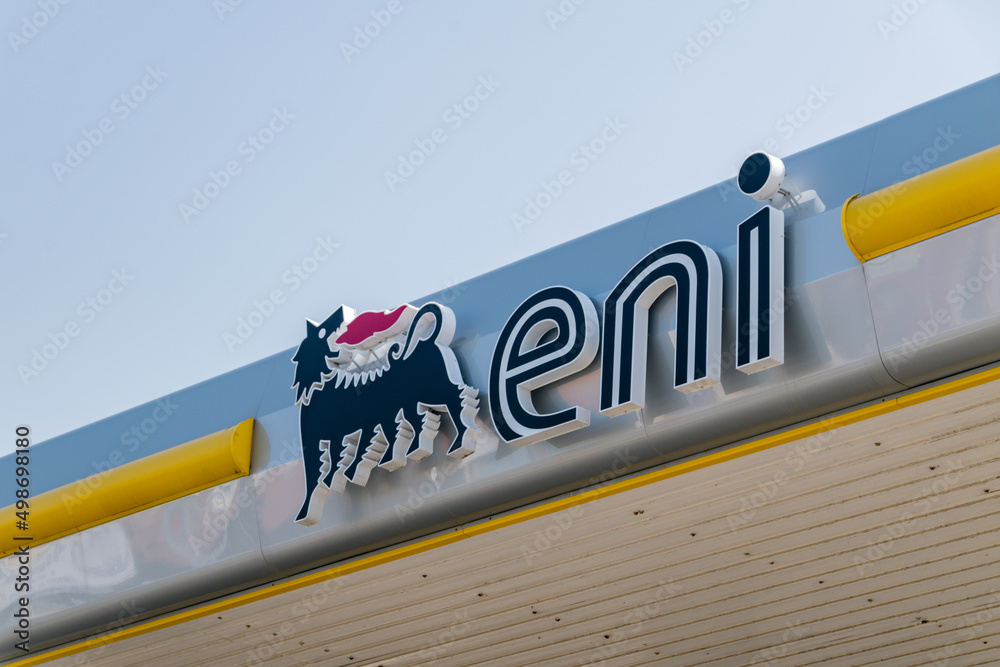 Paphos, Cyprus - April 2, 2022: Logo of Eni on fuel station. Eni is an ...