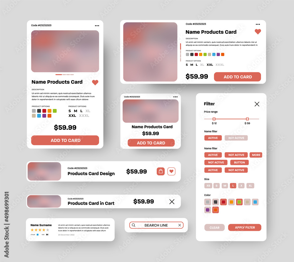 Set of vector product UI cards with rounded corners and red buttons for ...