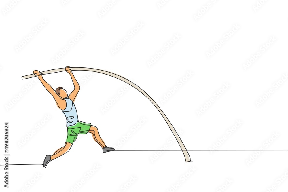 One continuous line drawing of young sporty man practicing pole vault ...
