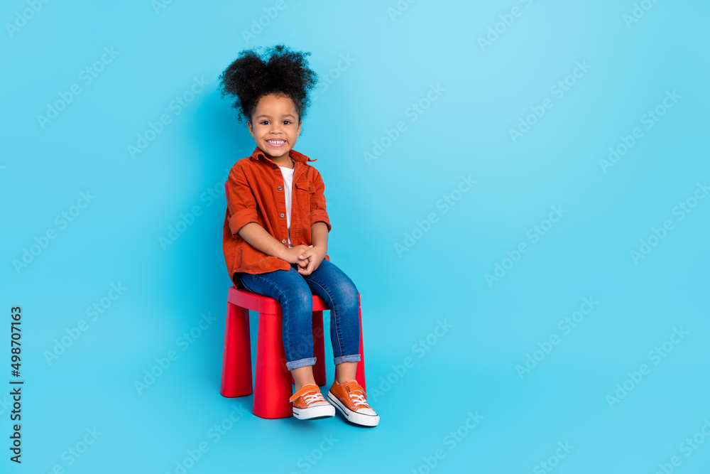 Full body photo of cute adorable sweet little girl sitting chair spend ...