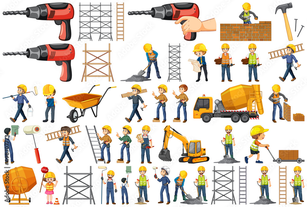 Set of construction site objects and workers Stock Vector | Adobe Stock