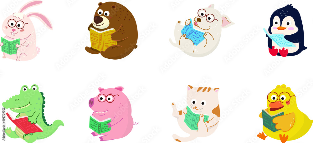 Cute Cartoon Animals Reading