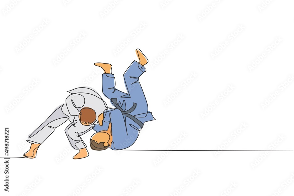 Vecteur Stock Single continuous line drawing of two young sportive ...