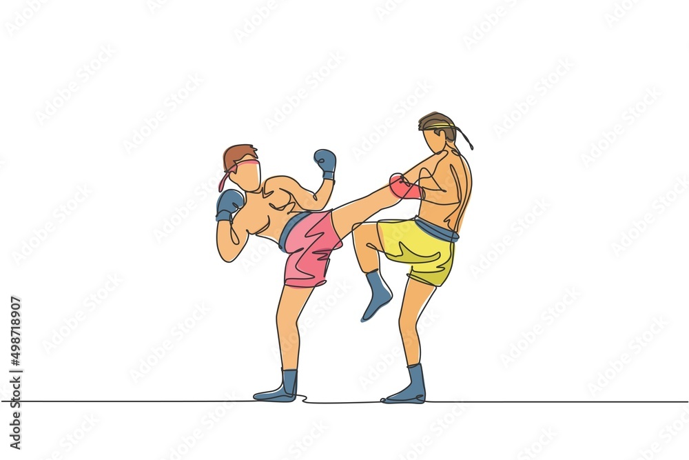 One single line drawing of two young energetic muay thai fighter men ...