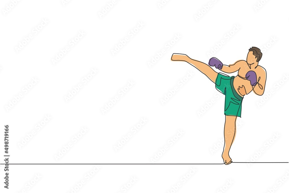 One single line drawing of young energetic man kickboxer practice side ...