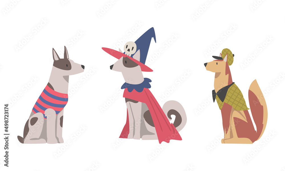 Cute dogs dressed funny costumes for carnival party or masquerade set ...