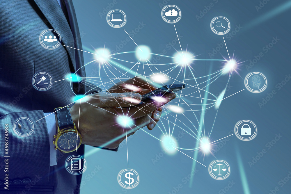 Hand touching modern interface digital transformation and metaverse ...