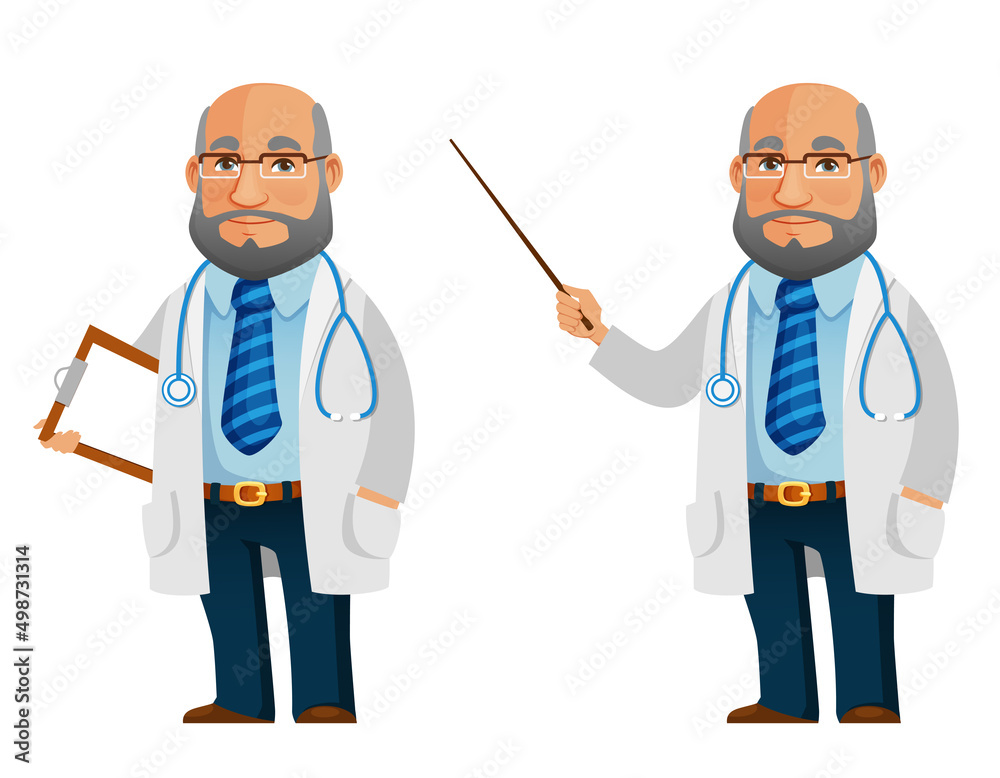 funny cartoon illustration of a friendly senior doctor, holding a ...