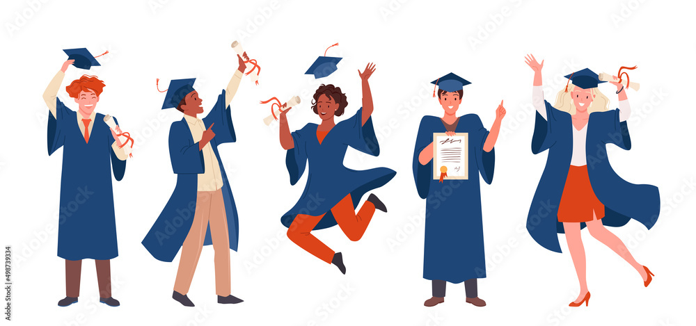 Happy graduates celebrate together on graduation ceremony in academy ...