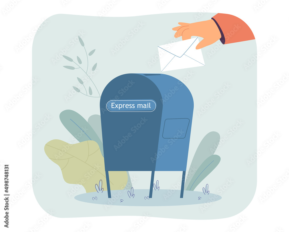 Hand of postman putting letter into mailbox. Courier delivering ...