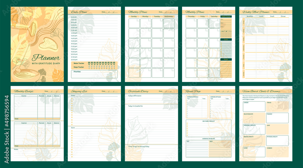 Printable vector planner pages templates in yellow and green gray ...