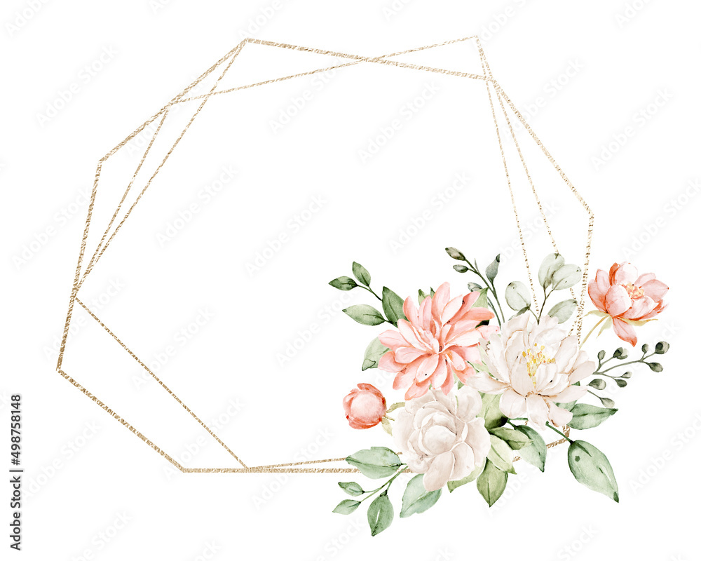 Flowers gold frame border. Watercolor hand painting floral frame with ...