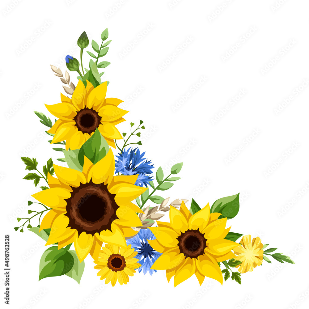 Floral corner design element with blue and yellow sunflowers ... Floral corner design element with blue and yellow sunflowers ...