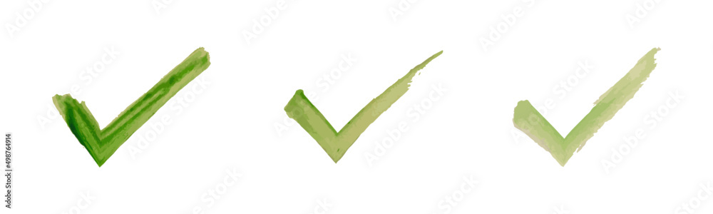 set of watercolor green check mark icons. Tick symbol in green color ...