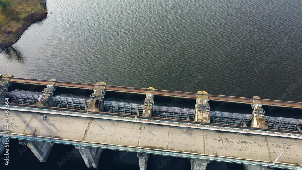 Aerial Drone View Dam on River. Top view Hydroelectric Dam. Flight Over ...
