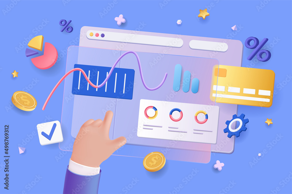 Financial report concept 3D illustration. Icon composition with ...