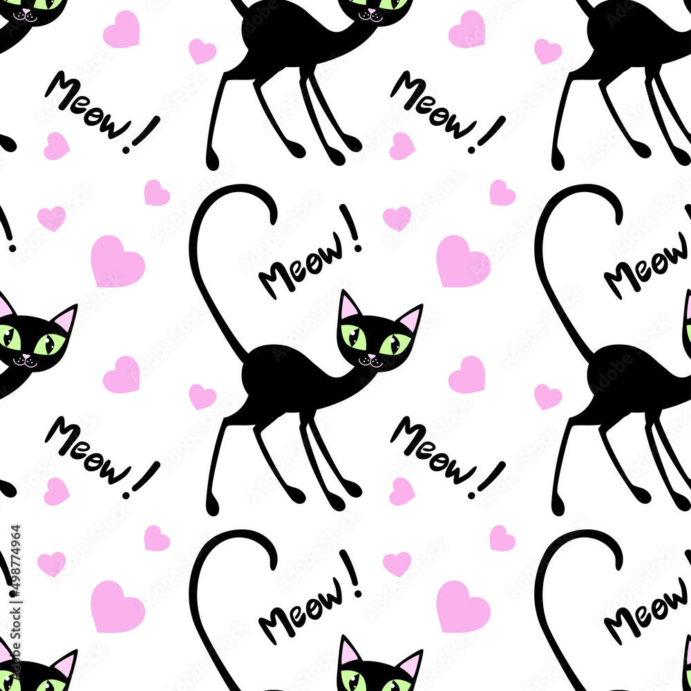 Seamless pattern. Kitten and hearts. Meow. For the design of wallpapers ...
