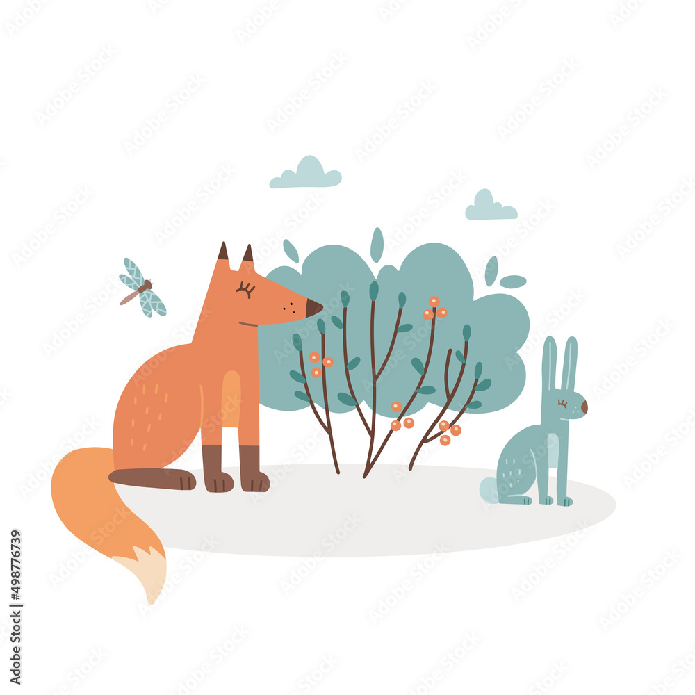 Fox and rabbit in the foliar forest. Isolated comic scene of Hunting ...