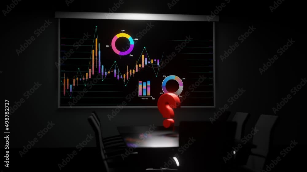 3D question mark on meeting room table with stock market related charts ...