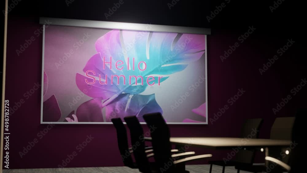 Empty office with data projector screen on the wall showing neon color ...