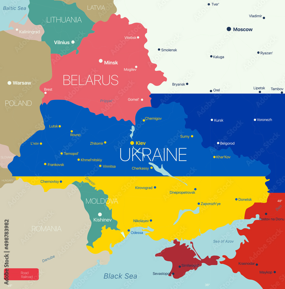 Belarus and Ukraine and part of Russia countries detailed editable map ...