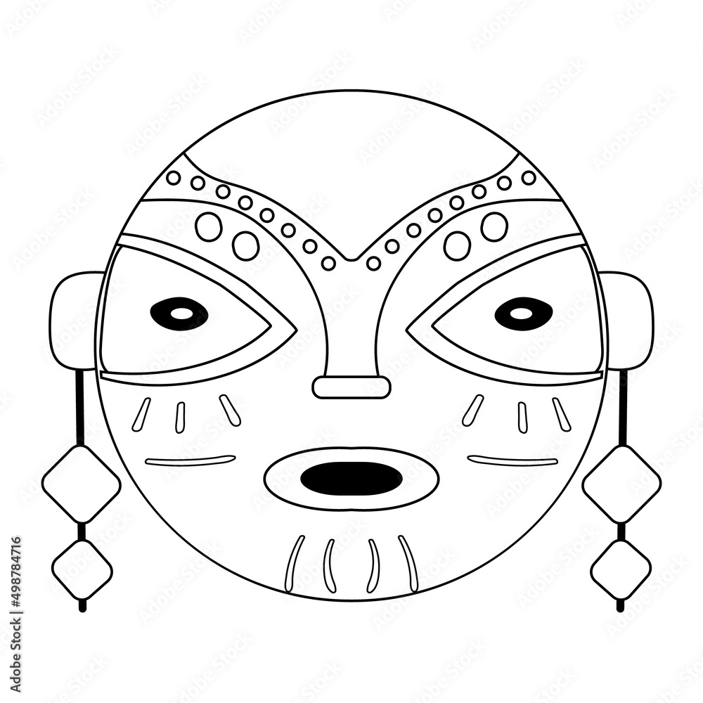 Wooden african mask with decoration. Coloring page. Cartoon vector ...