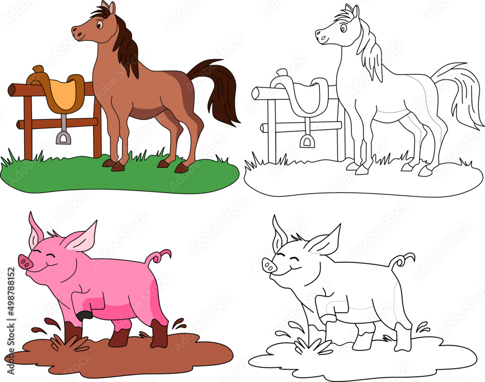 vector drawing of a cartoon horse and pig, for coloring book. Stock ...