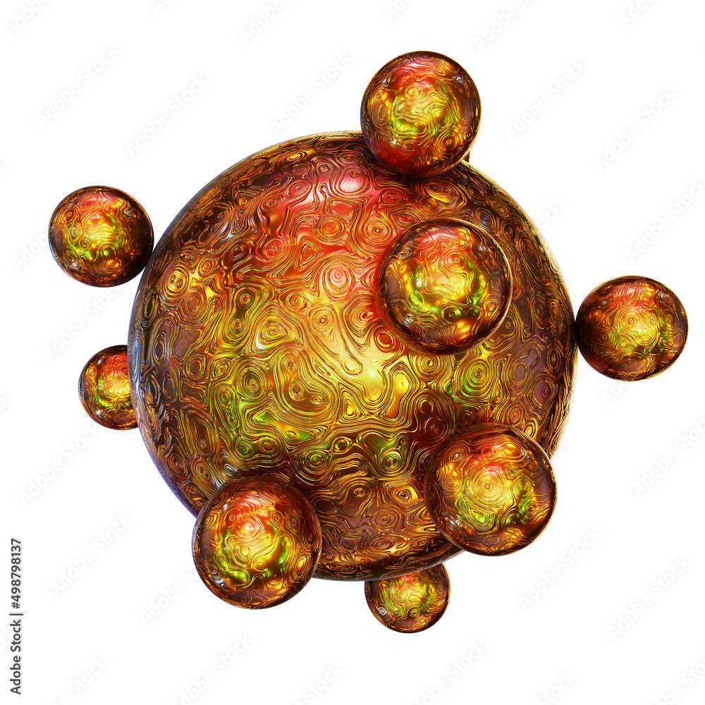 Realistic 3D illustration of the textured golden metallic sphere with ...
