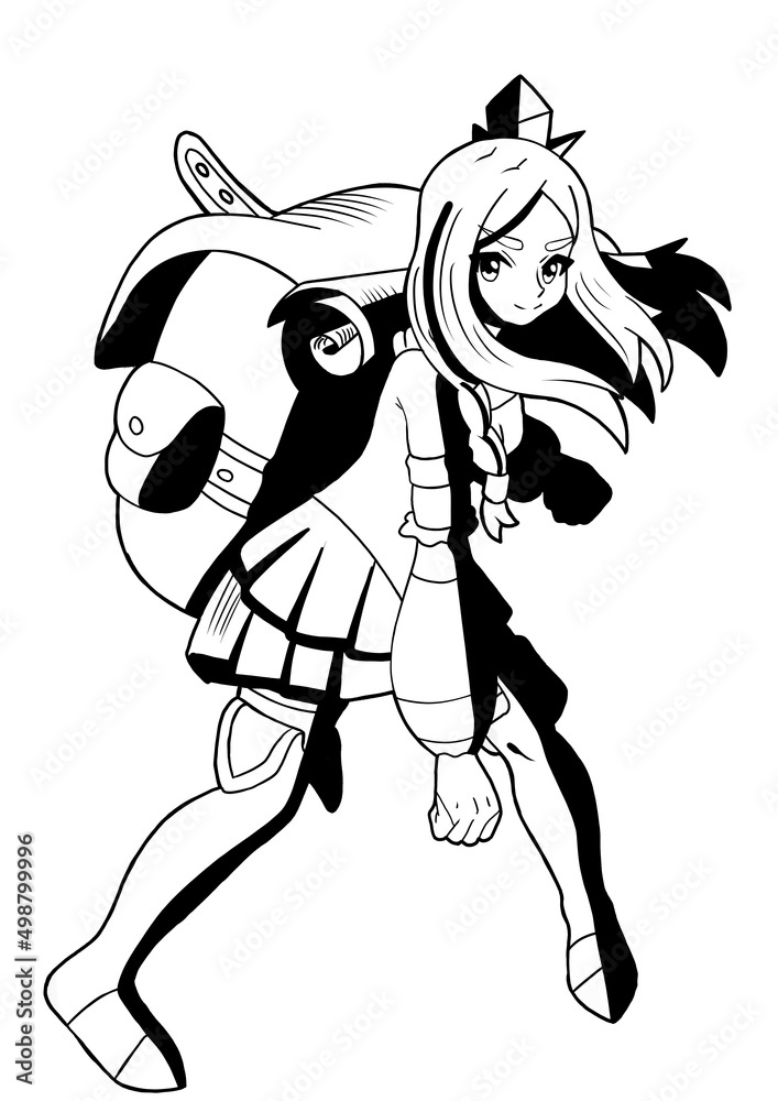 A cute anime girl with a big backpack on her back. A large scroll of ...