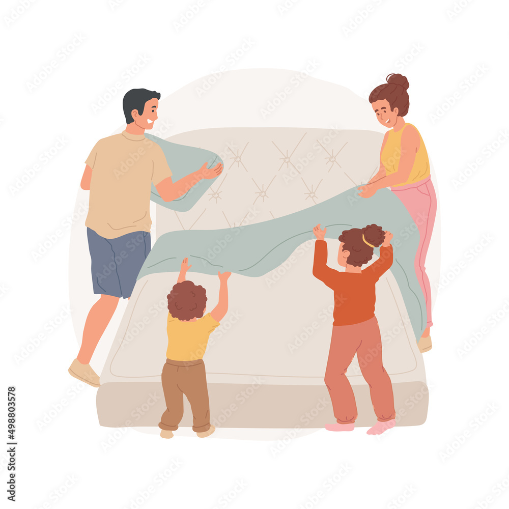 Making bed isolated cartoon vector illustration. Parents and kids ...