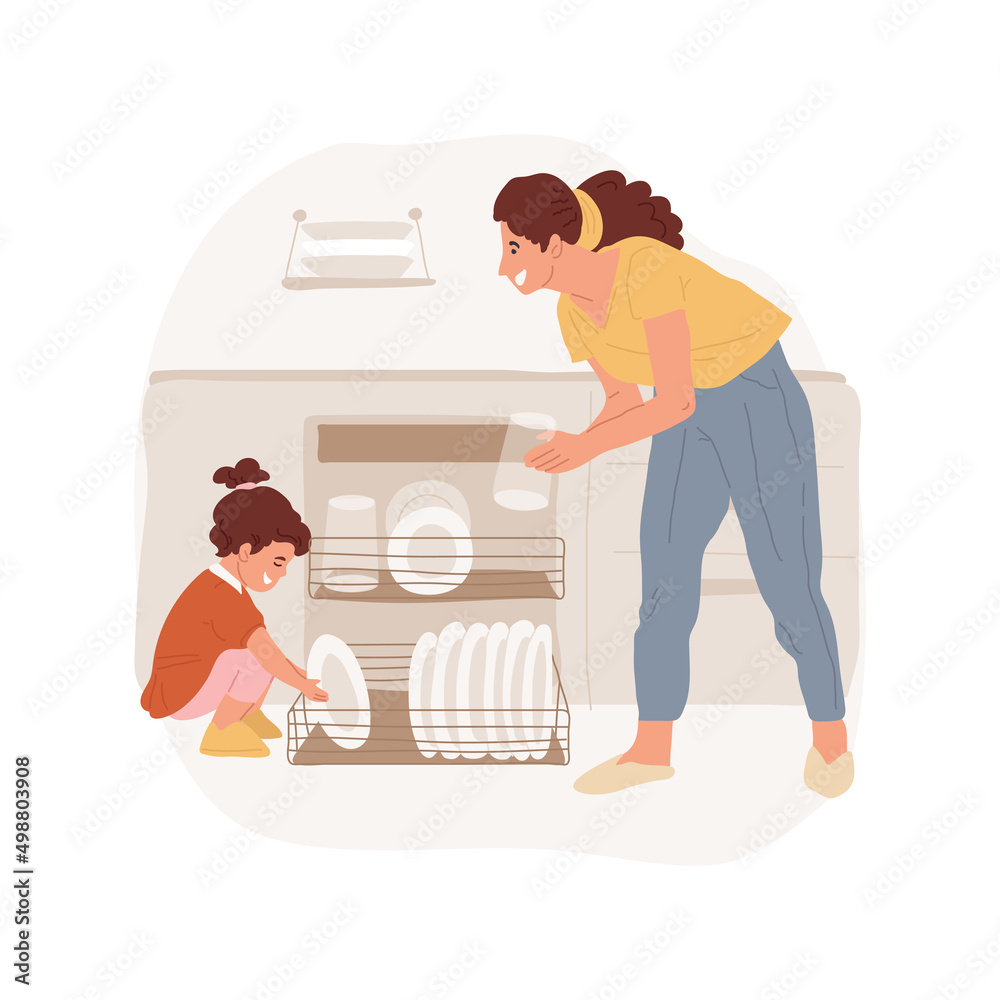 Load the dishwasher isolated cartoon vector illustration. Kid helping mom in the kitchen ...