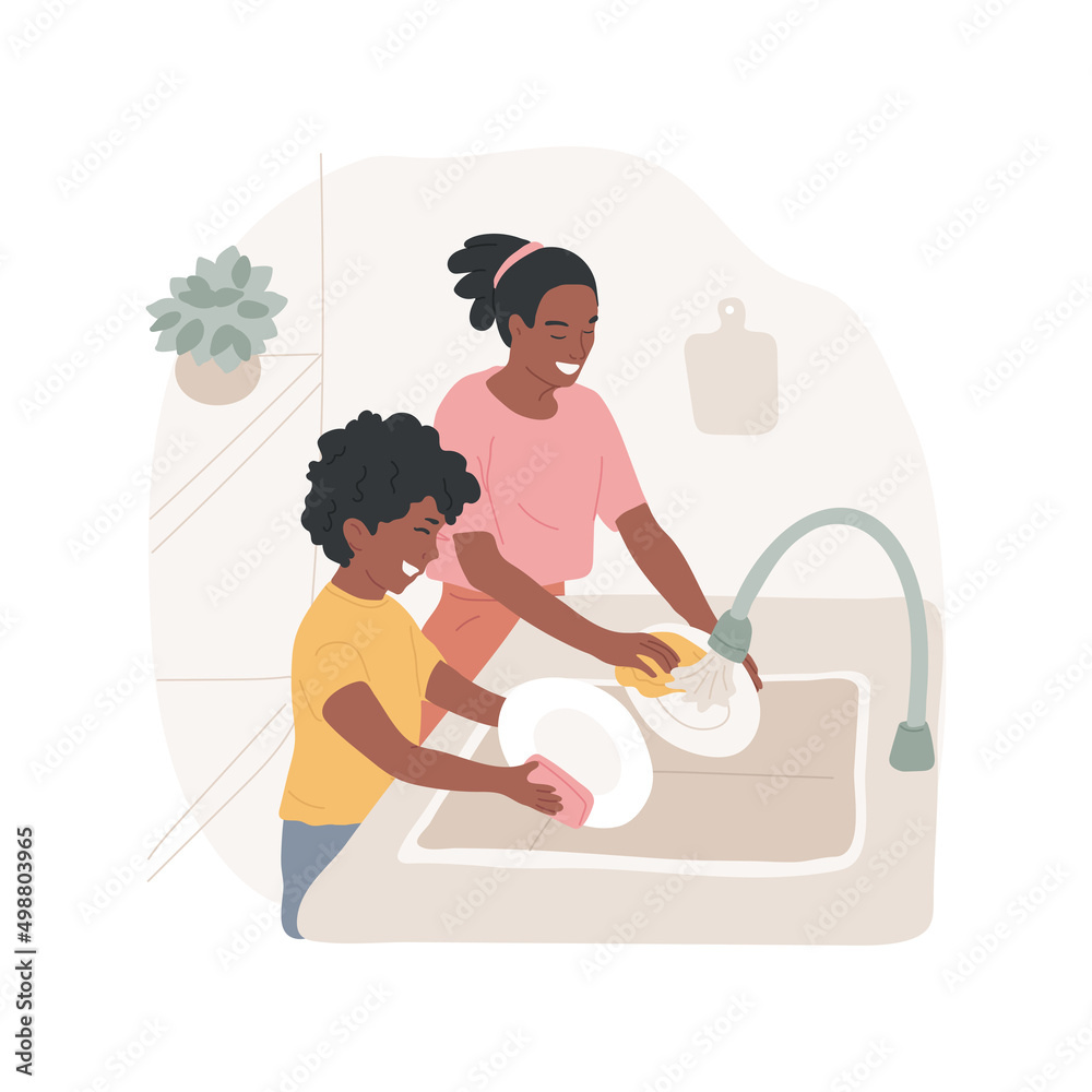 Dishwashing isolated cartoon vector illustration. Kid and mom washing ...
