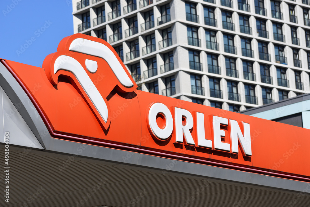 Orlen signage, logo, sign, emblem at the gas station, Polish oil ...