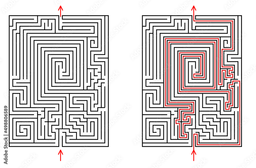 Vector rectangular labyrinth with entry and exit. Difficulty level - hard. Maze with solution ...