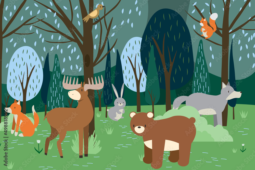 Cartoon forest animals. Wild bear, funny squirrel and cute birds on ...