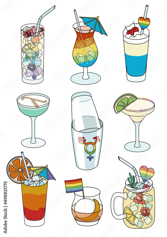 Collection set of bar cocktails and shaker in rainbow LGBT colors and ...