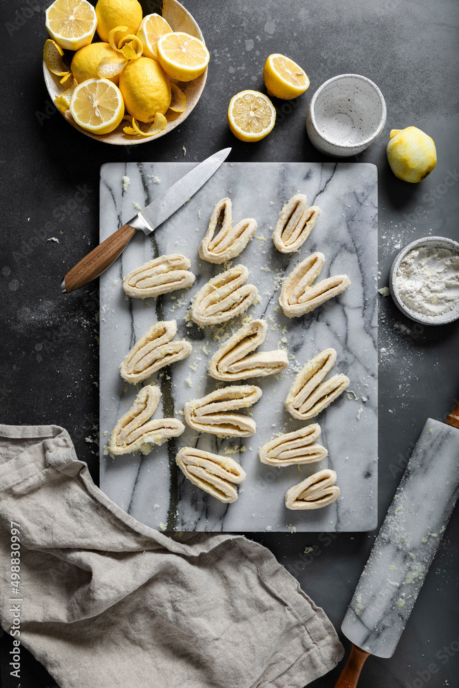 Lemon Palmiers, made from puff pastry on a dark background Stock Photo ...
