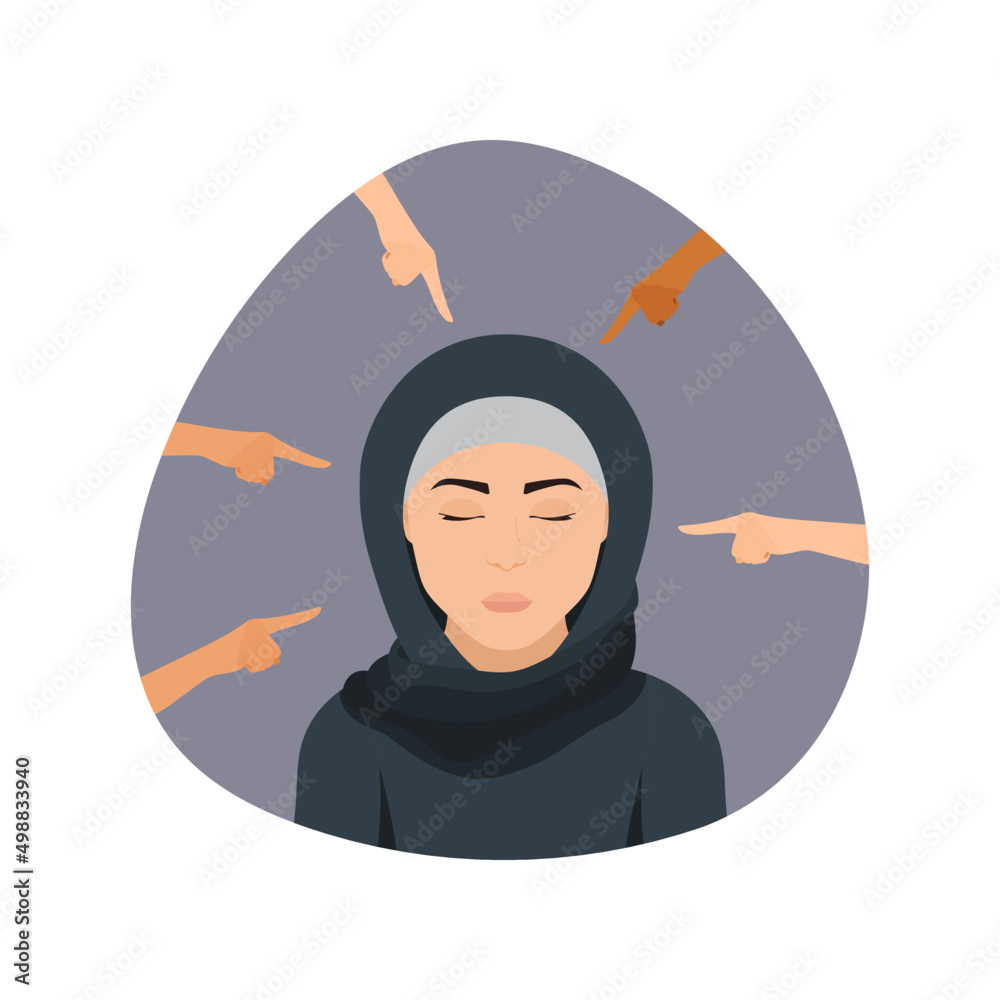 Muslim woman wearing traditional clothing surrounded by pointing hands ...