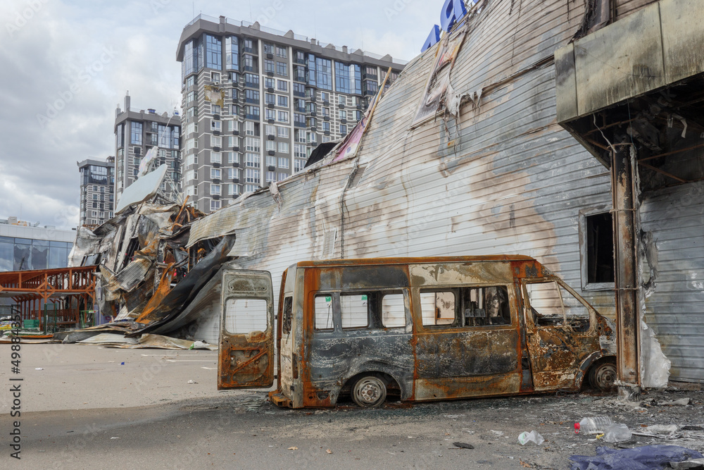 Bomb attack Russia war damage Ukraine war crime. Aftermath shell of ...