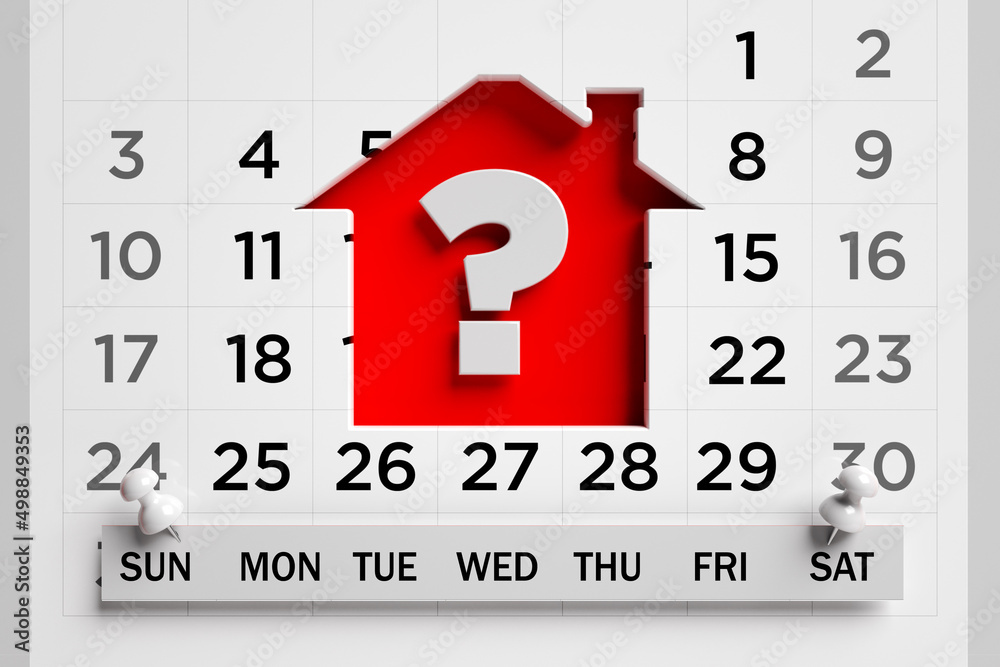 Calendar red-colored house icon and question mark symbol. Horizontal ...