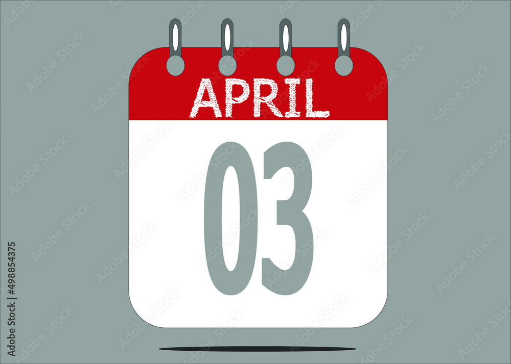 Icon day date 3 April, template calendar page in red and gray for days ...