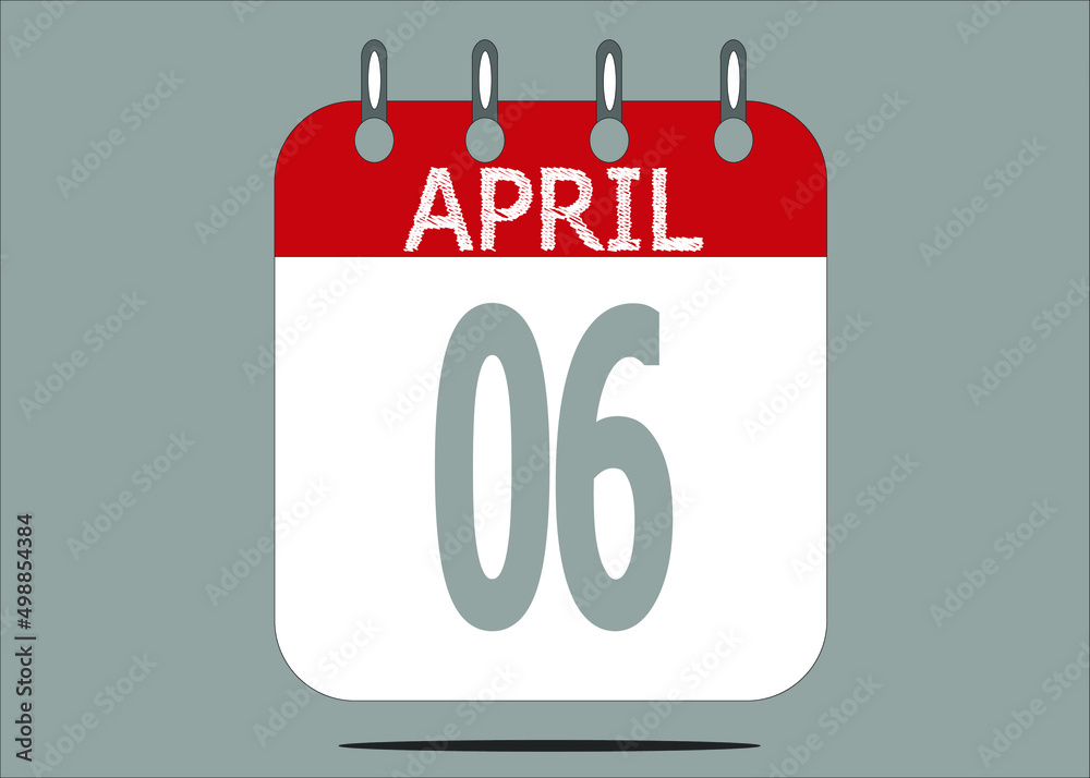 Icon day date 6 April, template calendar page in red and gray for days ...