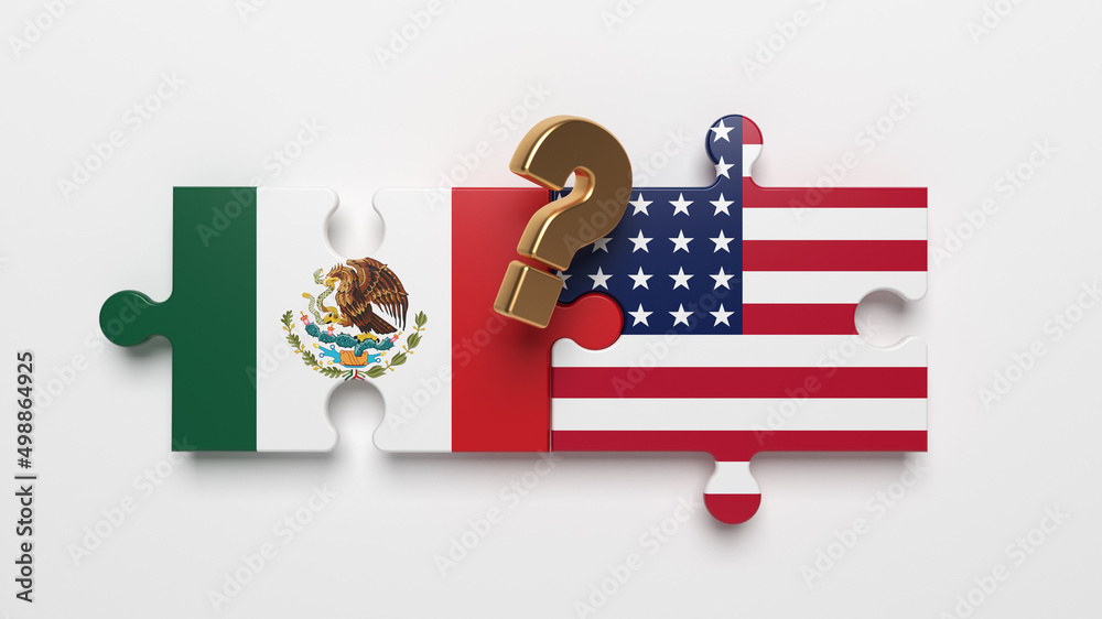 Gold-colored question marks symbol and American and Mexican flags on ...