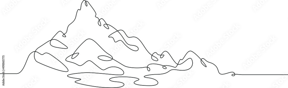 One continuous line. Landscape of mountain range and high mountain. Web ...