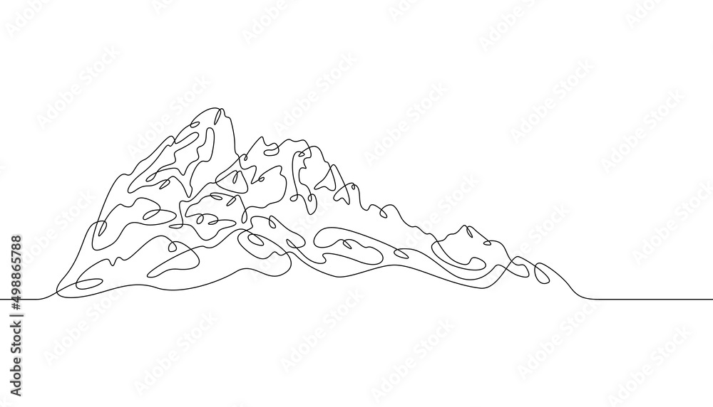 One continuous line. Landscape of mountain range and high mountain. Web ...