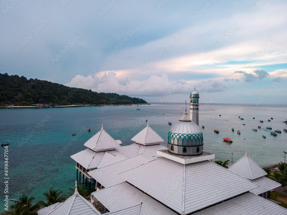 Ar Rahman Mosque at Perhentian Island overlooking the calm ocean during ...
