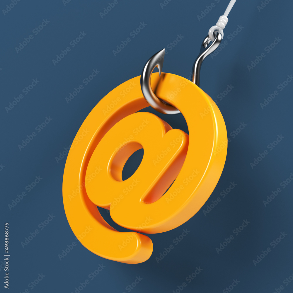 Orange-colored 'at' symbol and phishing hook. On navy blue-colored ...
