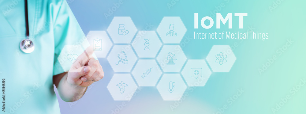 IoMT (Internet of Medical Things). Male doctor pointing finger at ...