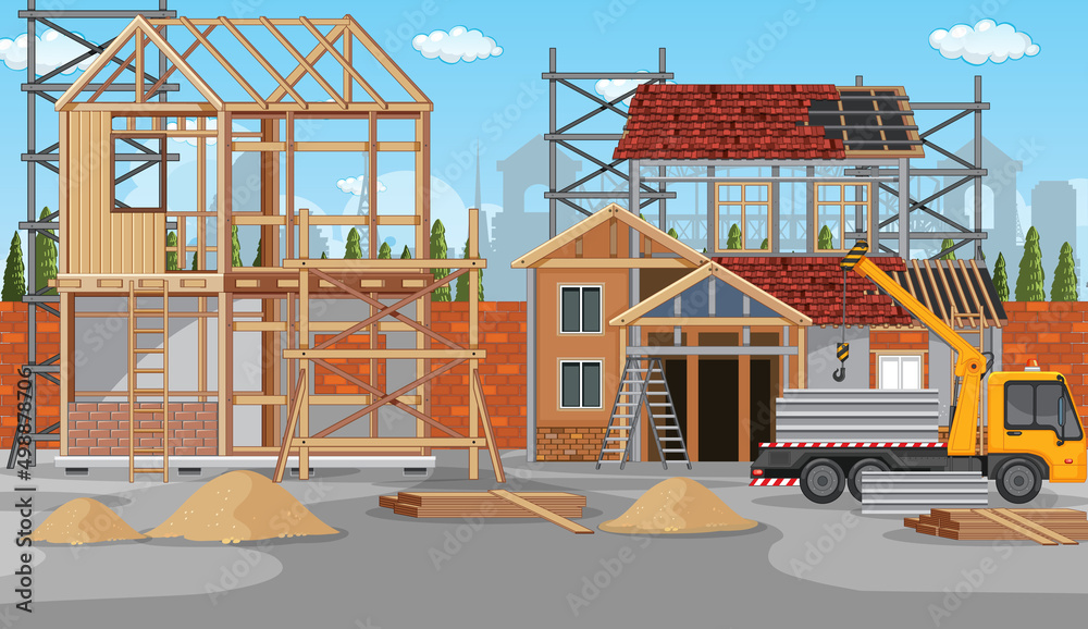 Cartoon scene of building construction site Stock Vector | Adobe Stock